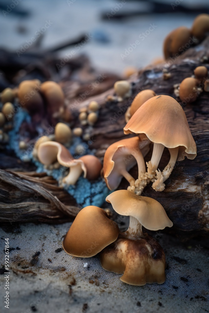 Poster Micro Nature and Landscape Beach fungi, colorful growths ...