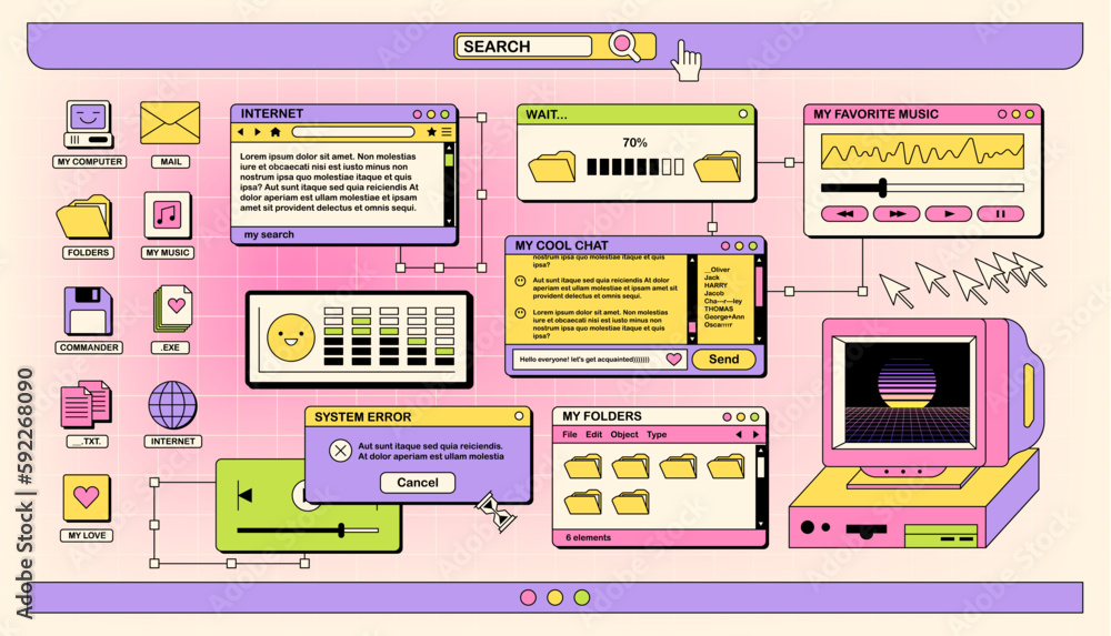 The screen of an old retro PC in the y2k style. Retro wave and ...