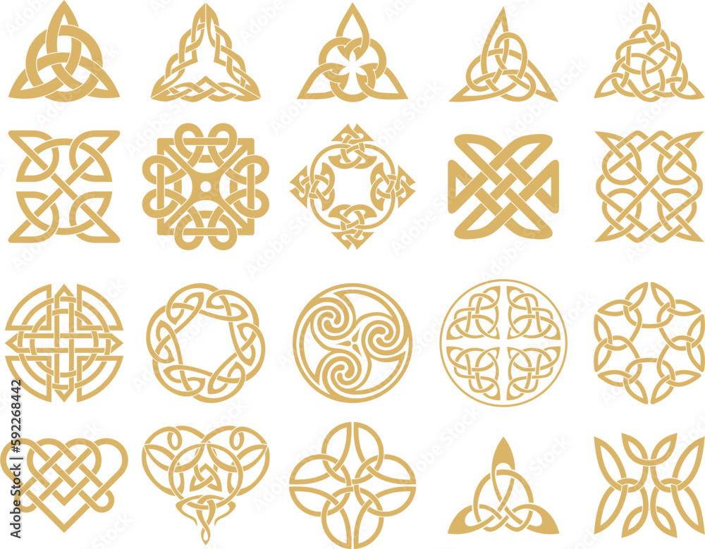 Vector set of golden celtic knots. Ornament of ancient European peoples ...