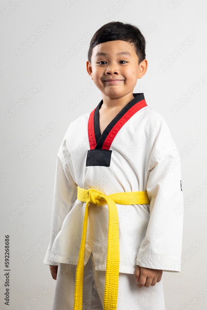 Portrait Asian boy kid karate martial arts. Taekwondo uniform with ...