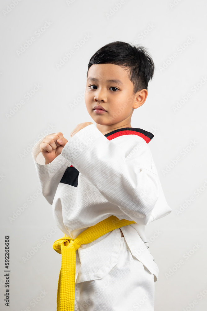 Portrait Asian boy kid karate martial arts. Taekwondo uniform with ...