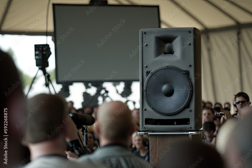 audio speaker mounted on a stand, with the stage and audience visible ...