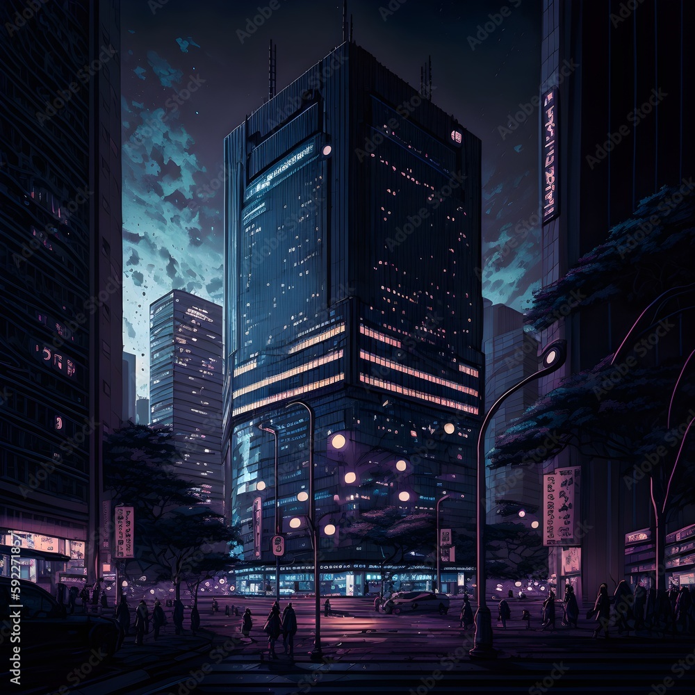 Tokyo town center at night skyscraper view some lights are on purple ...