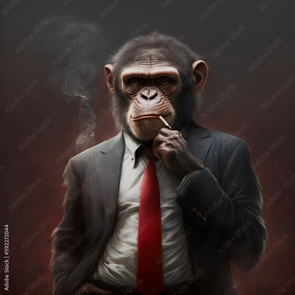 A monkey businessman wearing a black suit and red tie white shirt clean ...
