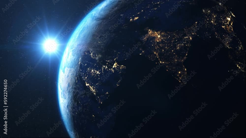Earth From Space 3D animation Sunrise In Space dark night, cities ...