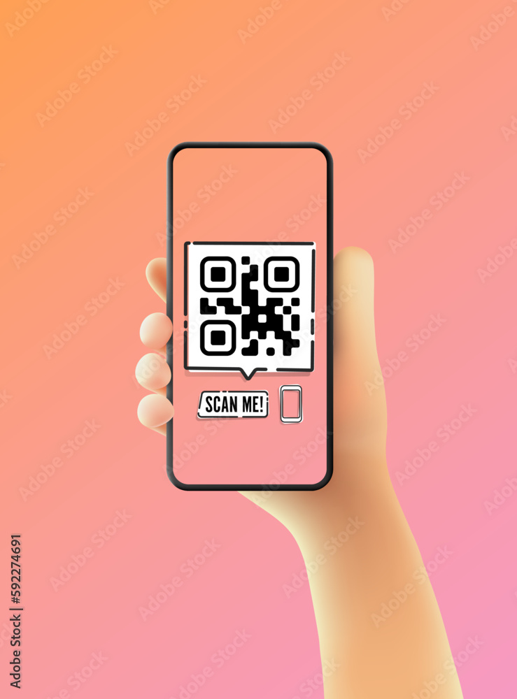 A vector cartoon hand is holding a black smartphone with a QR code and ...