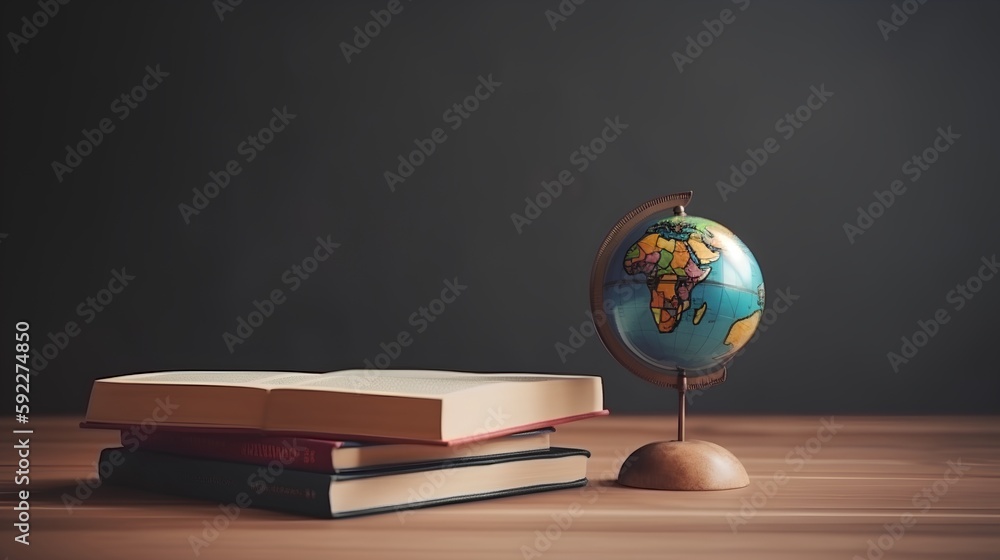 Stacked pile of books and a globe, symbolizing knowledge and academic ...