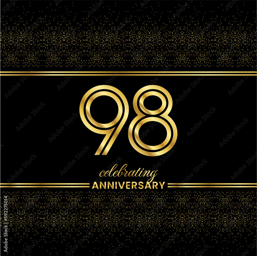 98 Golden Double Line Number. Anniversary invitation cover with glitter separated by golden ...