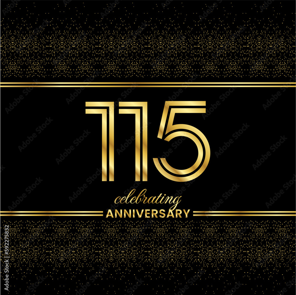 115 Golden Double Line Number. 115 Anniversary invitation cover with glitter separated by golden ...