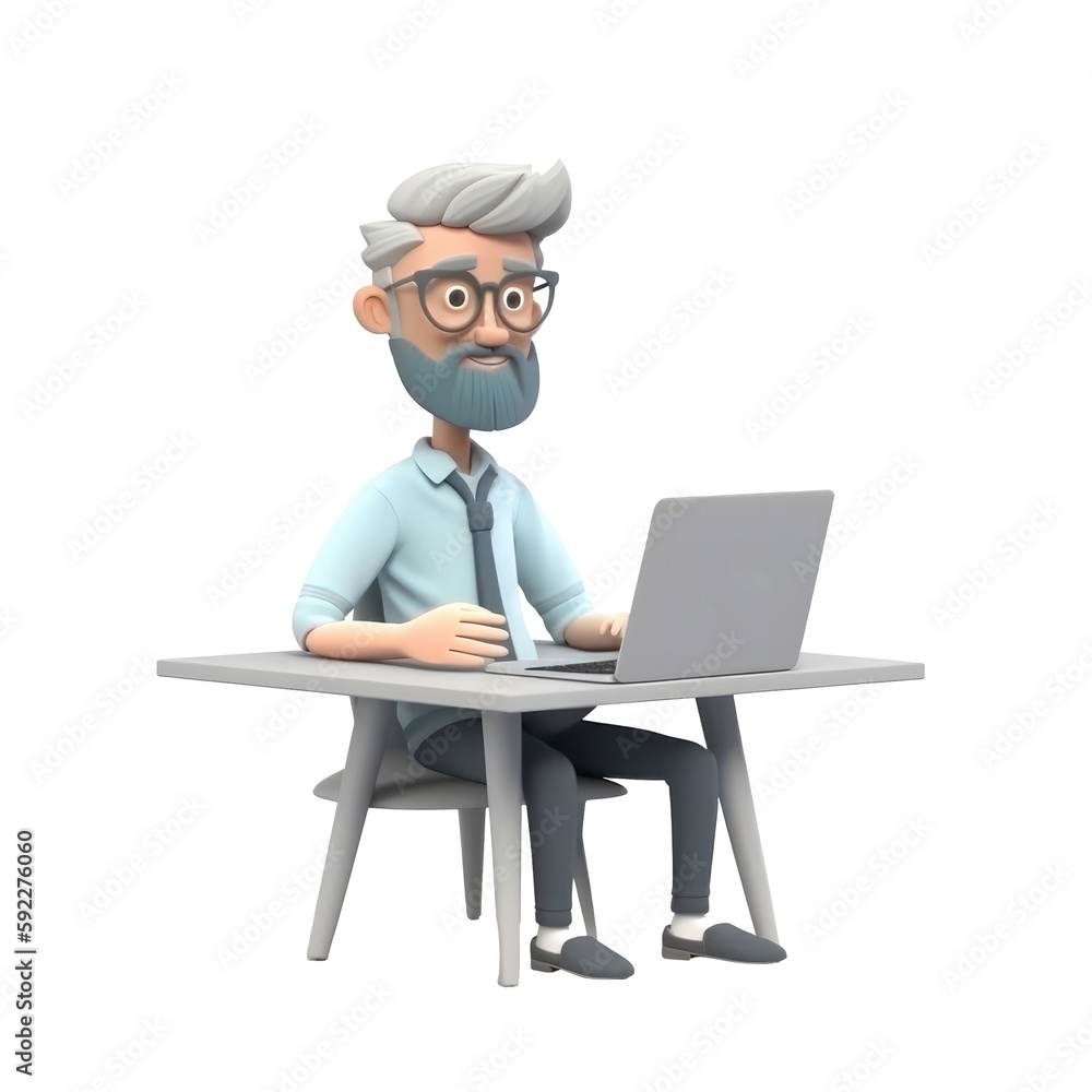 3D icon Young business man working with his laptop in the office or ...