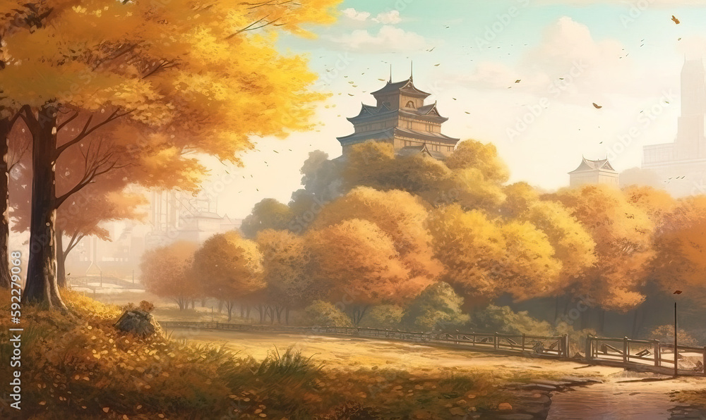 ภาพประกอบสต็อก castle in Japan with sakura cherry blossom tree, autumn ...