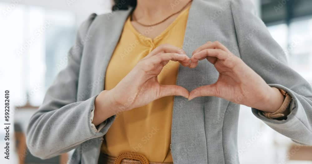 Heart icon, hands and woman in office with love for work, career or ...