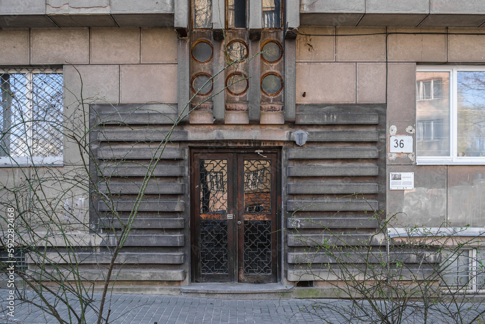 Lviv, Ukraine - March 2023: The four-story residential building on the ...