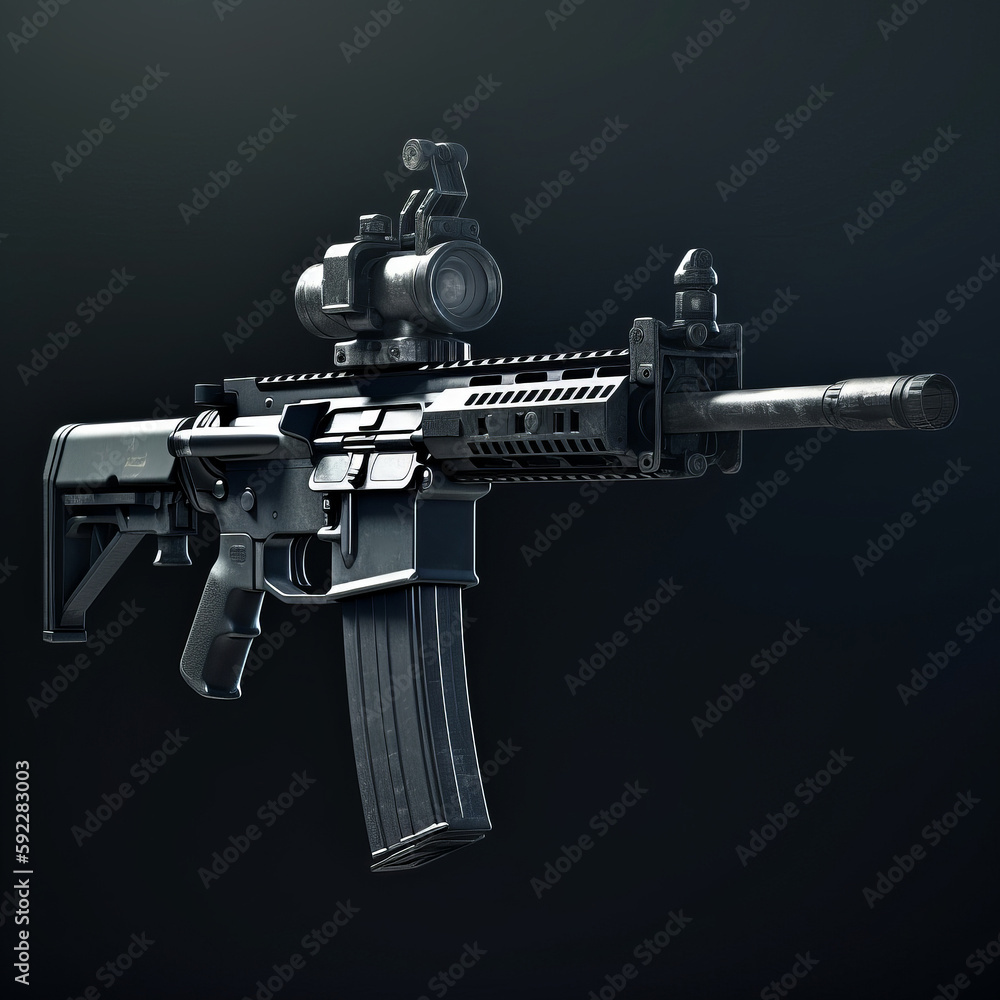 Modern automatic rifle with a silencer and a collimator sight on a dark ...
