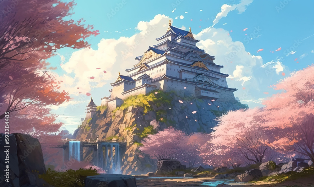 castle in Japan with sakura cherry blossom tree, Spring season ...