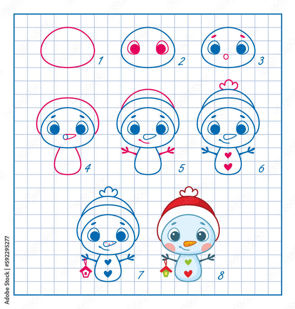 How to Draw Snowman, Step by Step Lesson for Kids cartoon vector ...