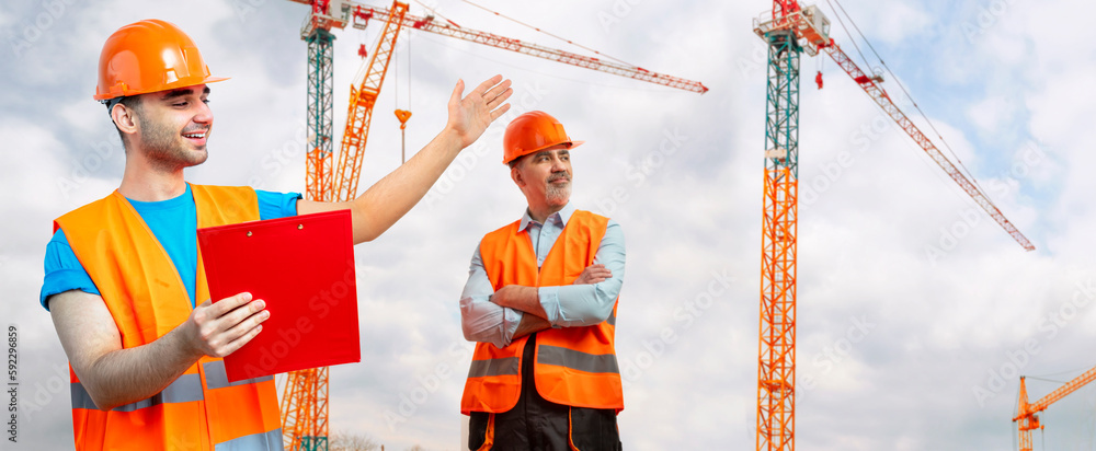 Older construction supervisor with younger worker helper at ...