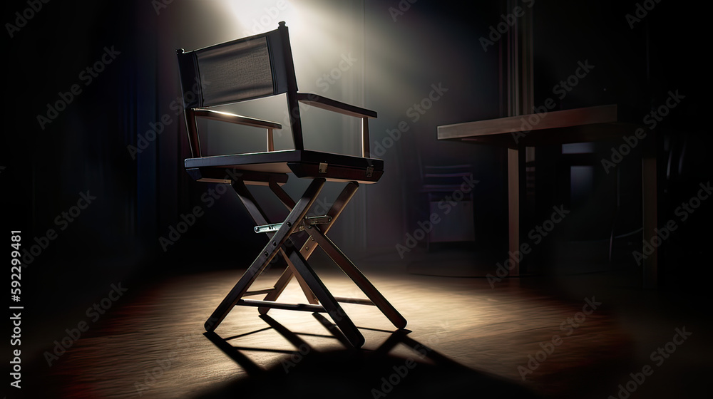 The director's chair stands in a beam of light with an backlight in ...