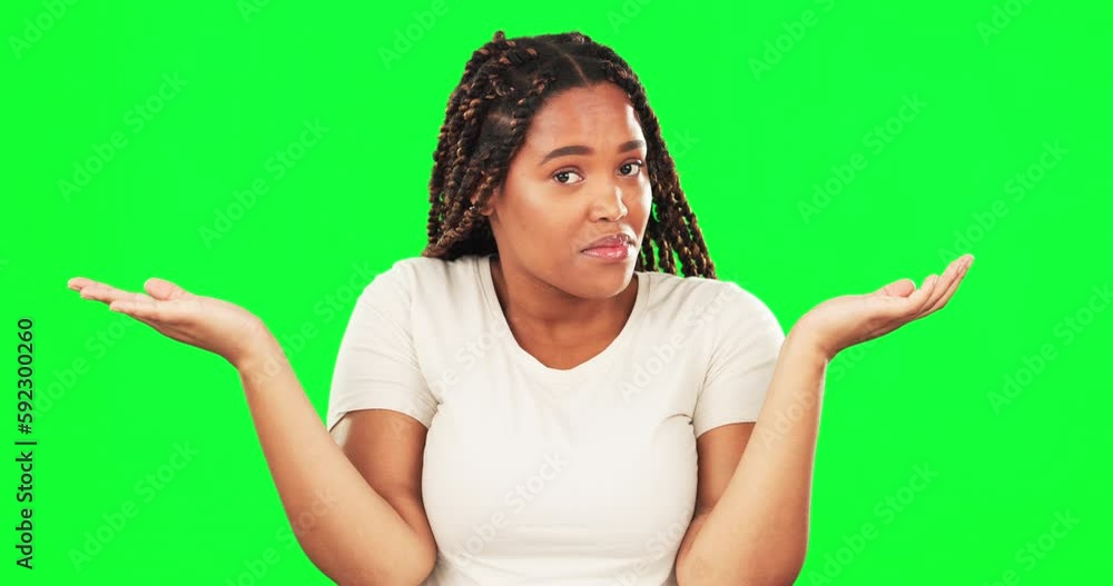 Vídeo do Stock: Shrugging, doubt and face of woman on green screen ...