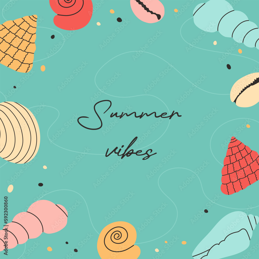 Summer modern background with hand draw colorful seashells, starfish ...