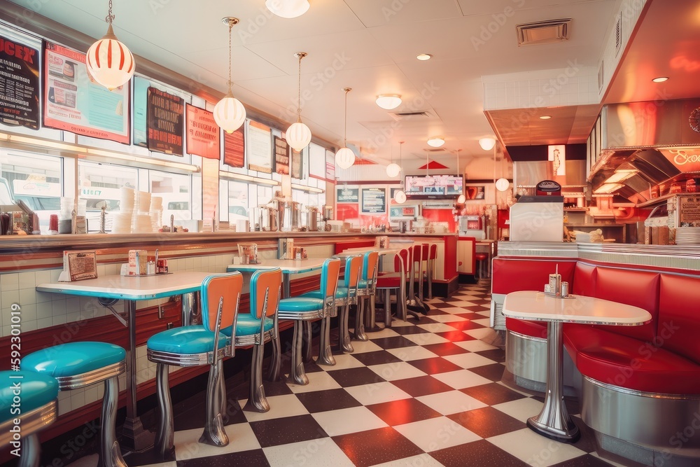 fast food restaurant with retro theme, including vintage signs and ...