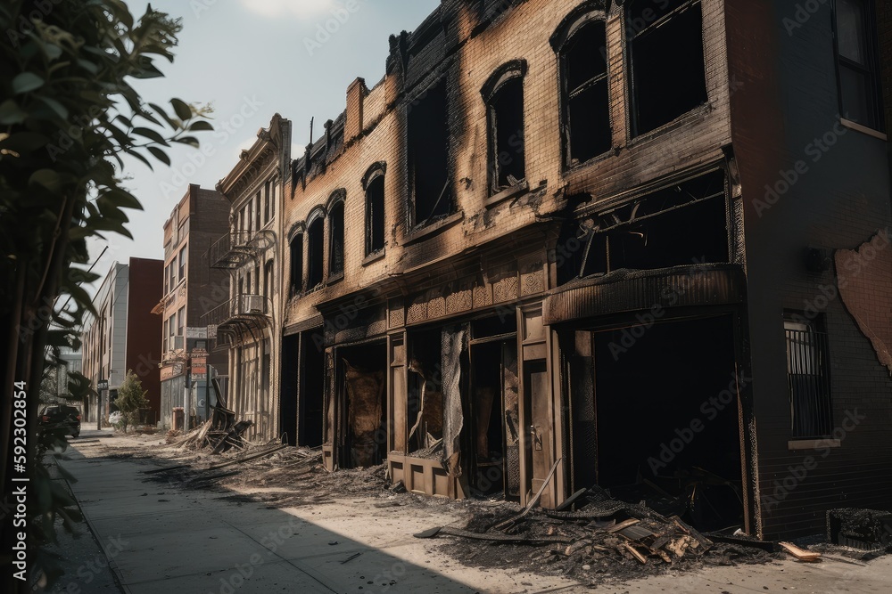 rundown building on burned city street, with broken windows and charred ...