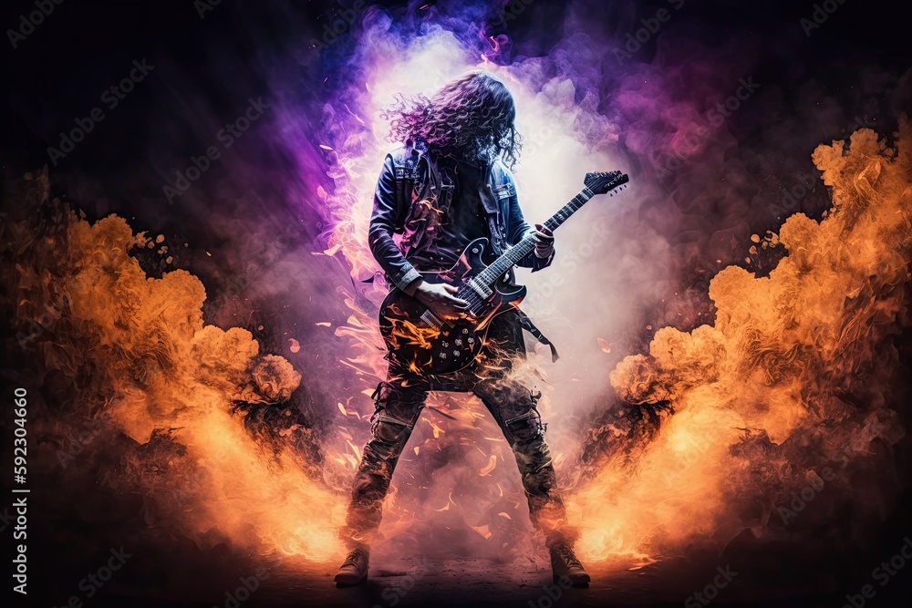 heavy metal guitarist, playing epic solo on stage, surrounded by smoke ...