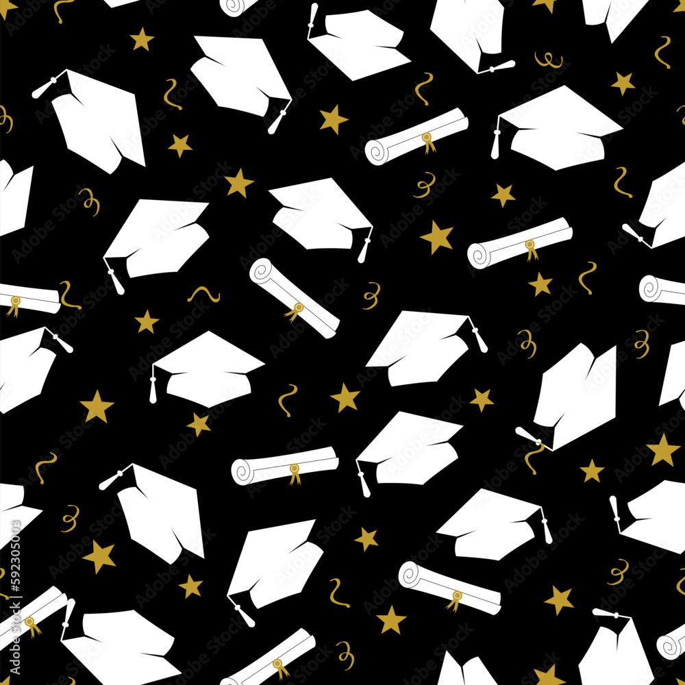 Graduation seamless pattern. Caps thrown up. Grad ceremony backdrop ...