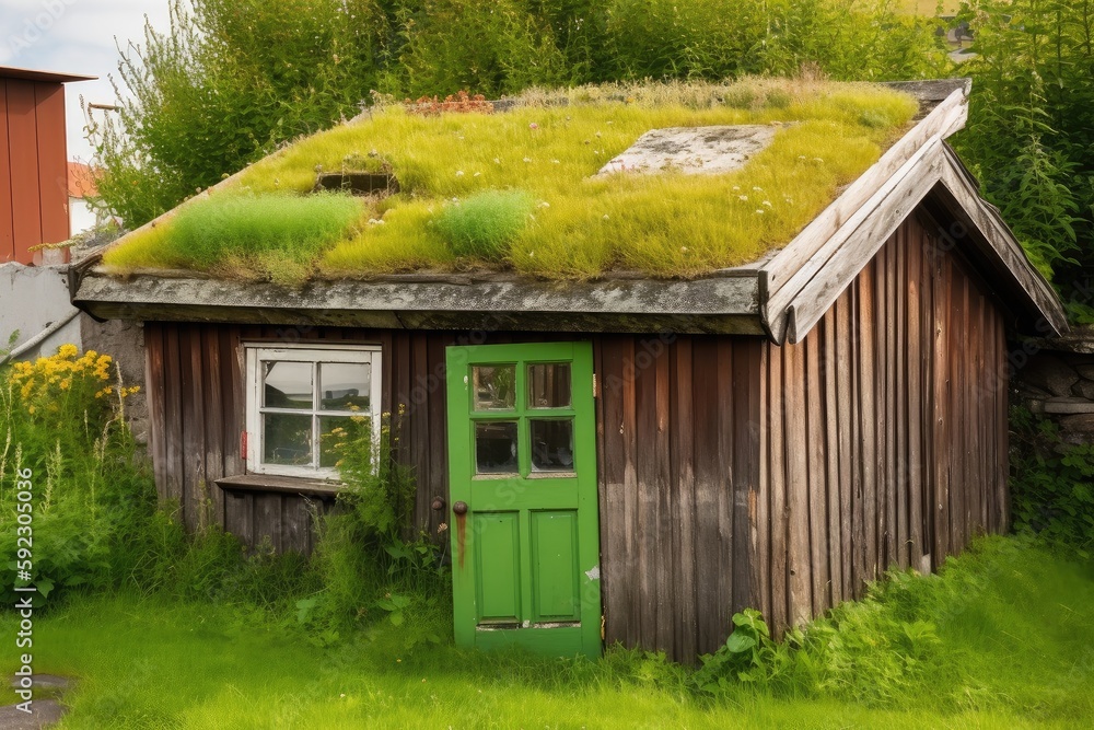 an old shed with a new green roof and windows, created with generative ...