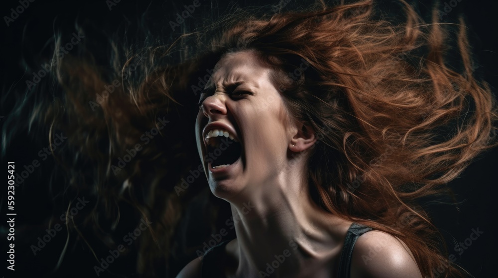 Woman in agony screaming aggressively. Mental health awareness month ...