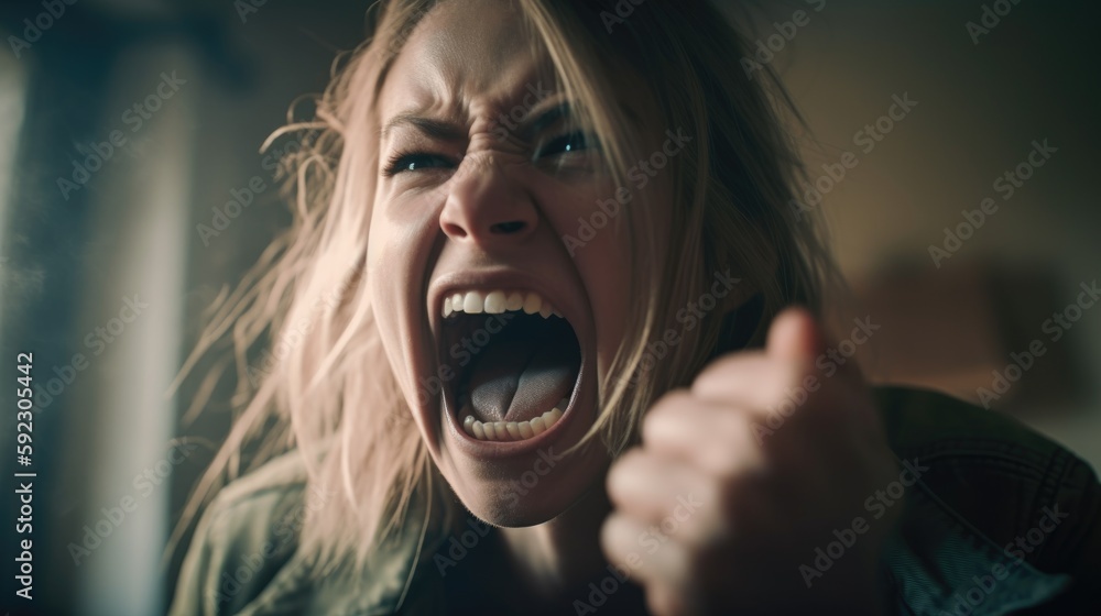 Woman in agony screaming aggressively. Mental health awareness month ...