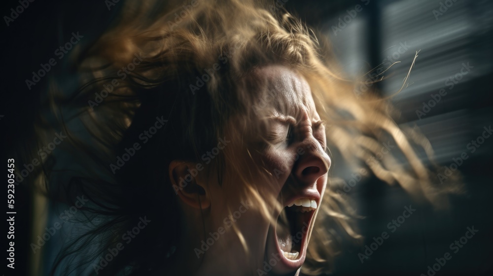 Angry woman in agony screaming, closeup. Mental health awareness month ...