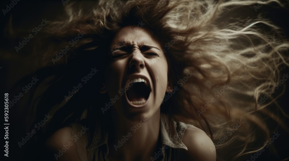 Woman in agony screaming aggressively. Mental health awareness month ...