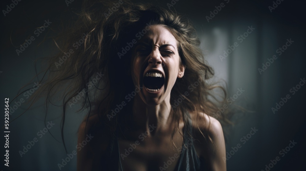 Woman in agony screaming aggressively. Mental health awareness month ...