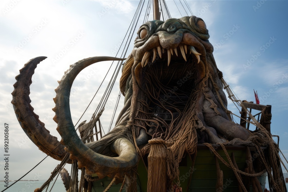 sea monster, towering over fishing boat, with its tentacles reaching ...