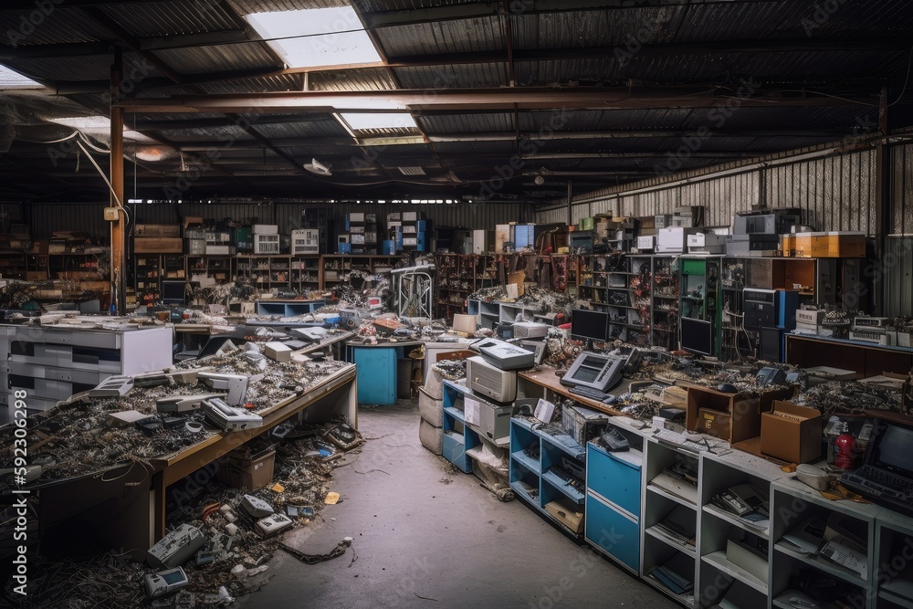 e-waste recycling facility, with bins of parts and pieces ready for ...