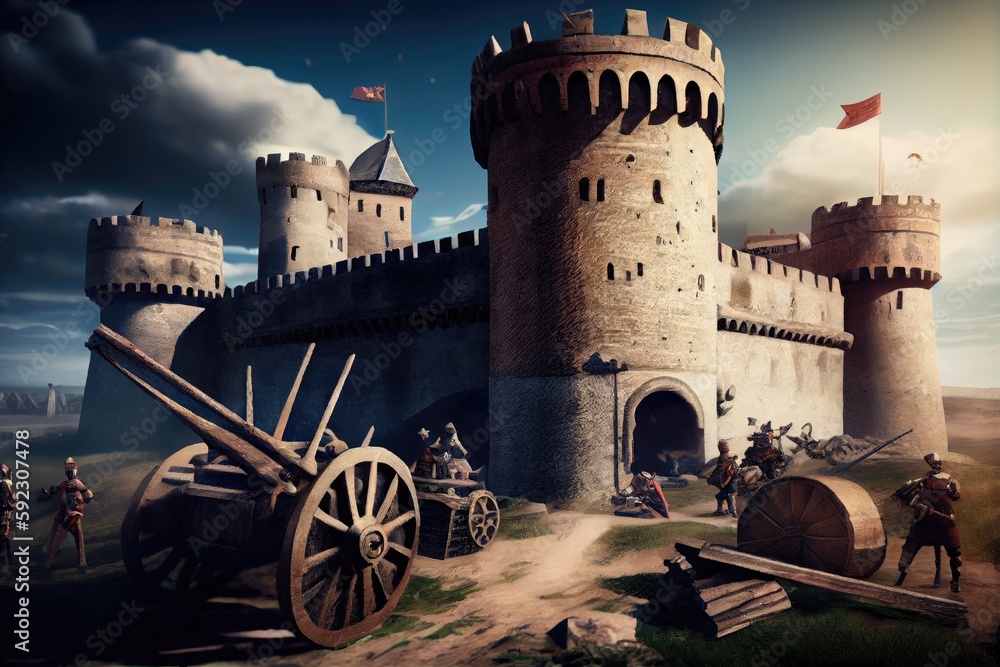 siege of a medieval fortress, with siege weapons and troops visible in ...