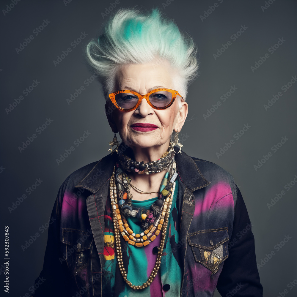 Concept old rocker, grandma 90s Punk fashion, cool old woman ...