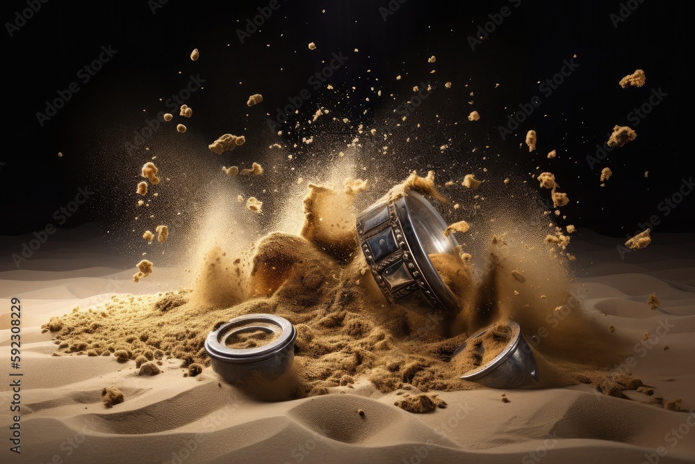 sand explosion of a buried treasure, with gold and silver coins ...