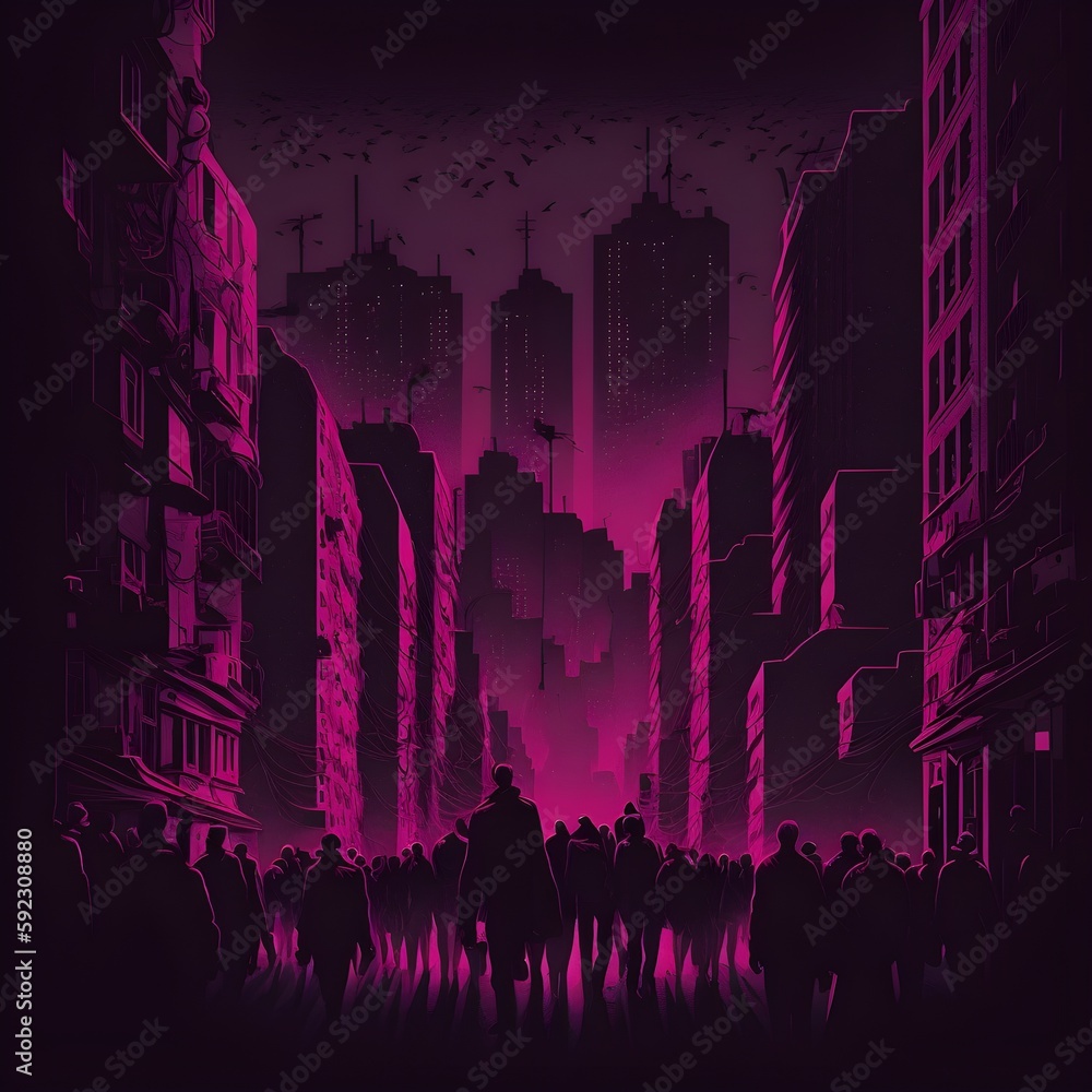 very depressed dystopian city fifty small persons in the front of high ...