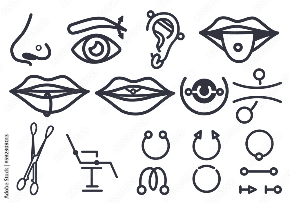 piercing icon set, earring elements, piercing and tattoo, piercing shop ...