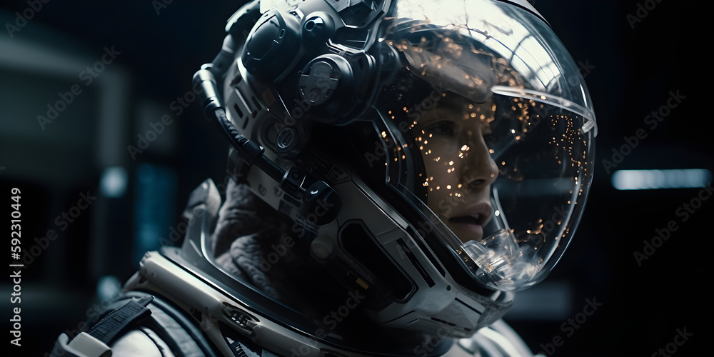 Space women in a spacecraft, hard space mission, modern future space ...