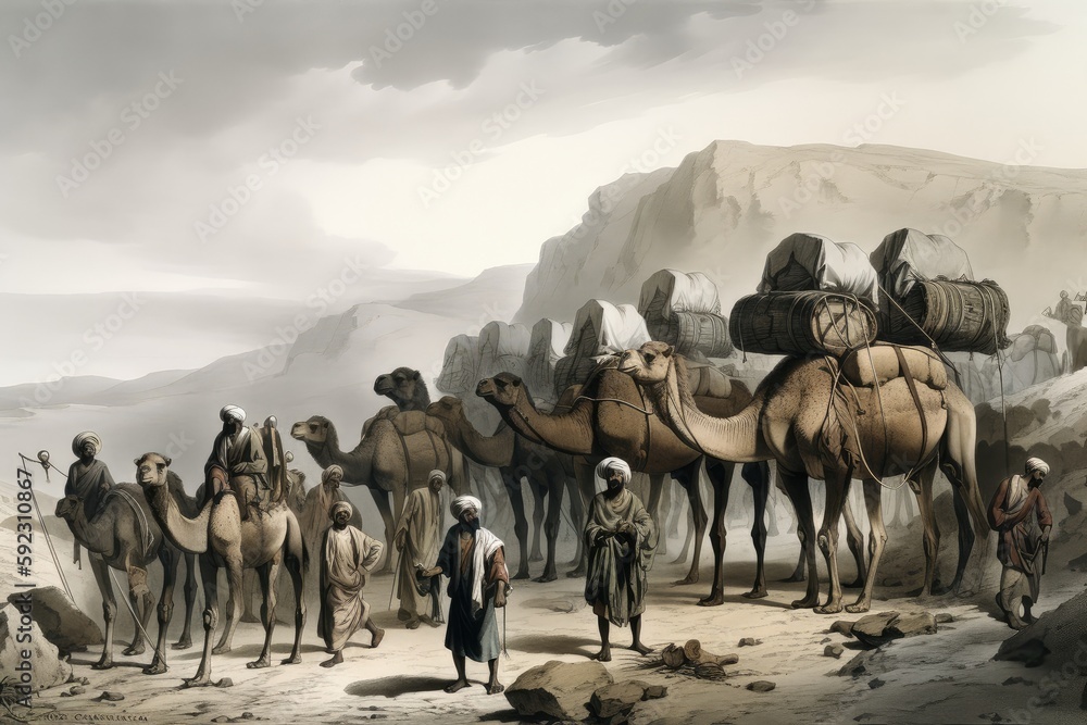 caravan of traders on ancient trade route, with their goods and camels ...