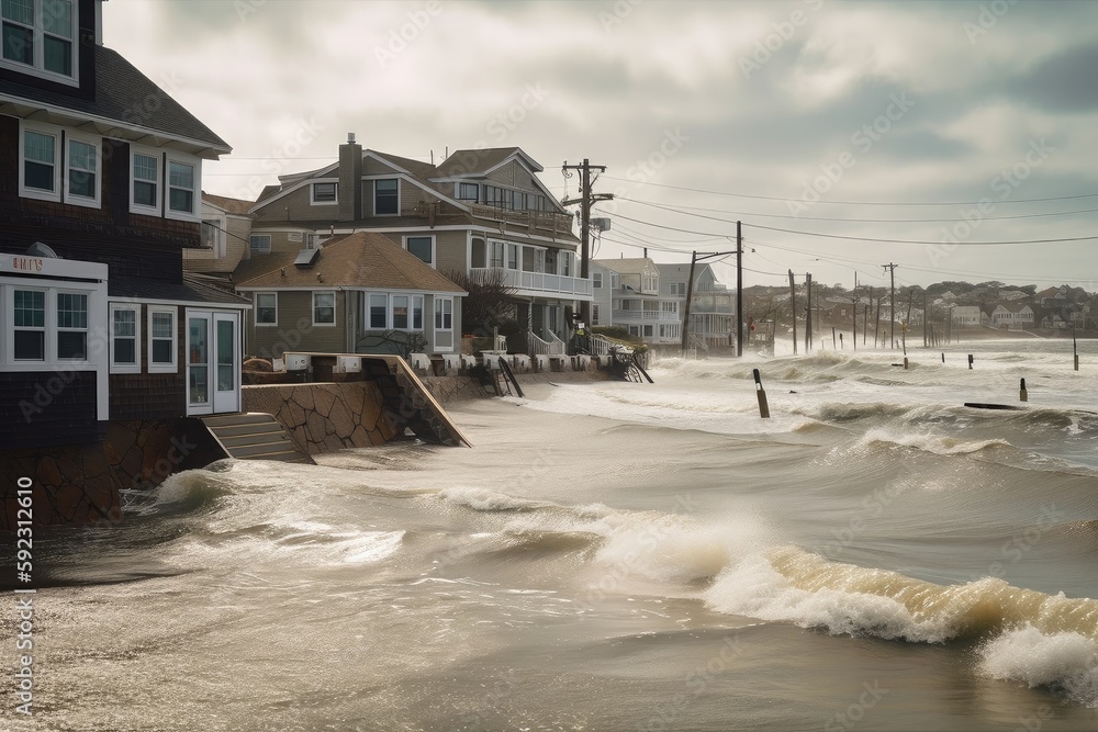 rising sea levels, with flood waters rushing into coastal town, created ...