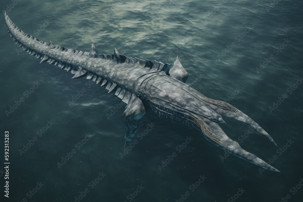 sea monster visible from above the water, with its long body and fins ...