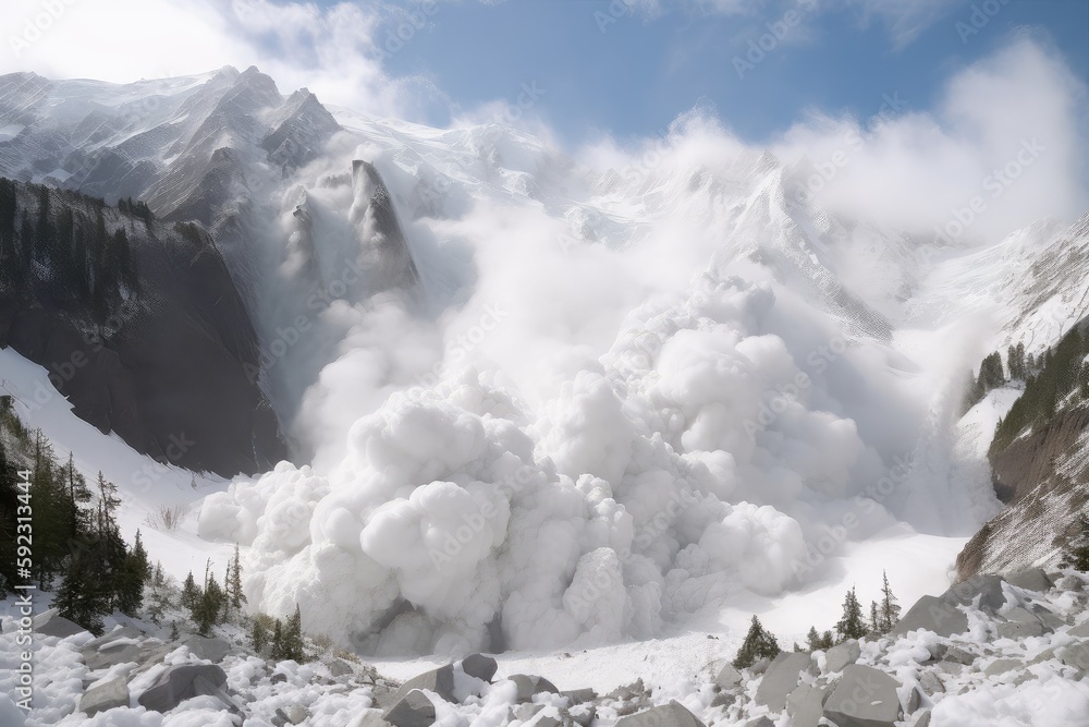 avalanche of snow and ice tumbling down mountain, with view of the ...