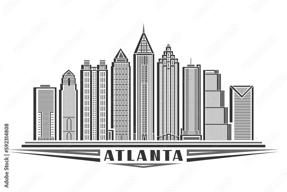 Vector illustration of Atlanta, monochrome horizontal card with linear ...