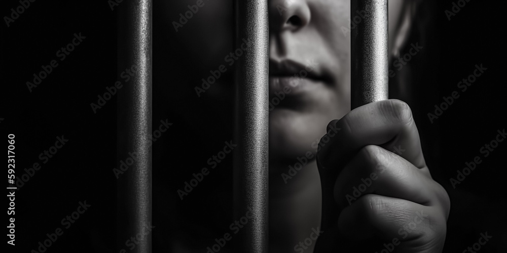 Portrait of the woman prisoner with hands on a steel lattice, close up ...