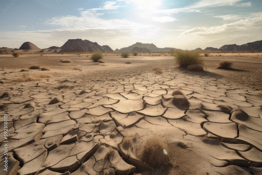 Ilustração do Stock: a view of a parched desert, with signs of climate ...