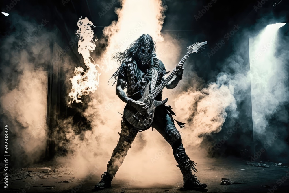 heavy metal guitarist, with their guitar and gear, performing in smoke ...